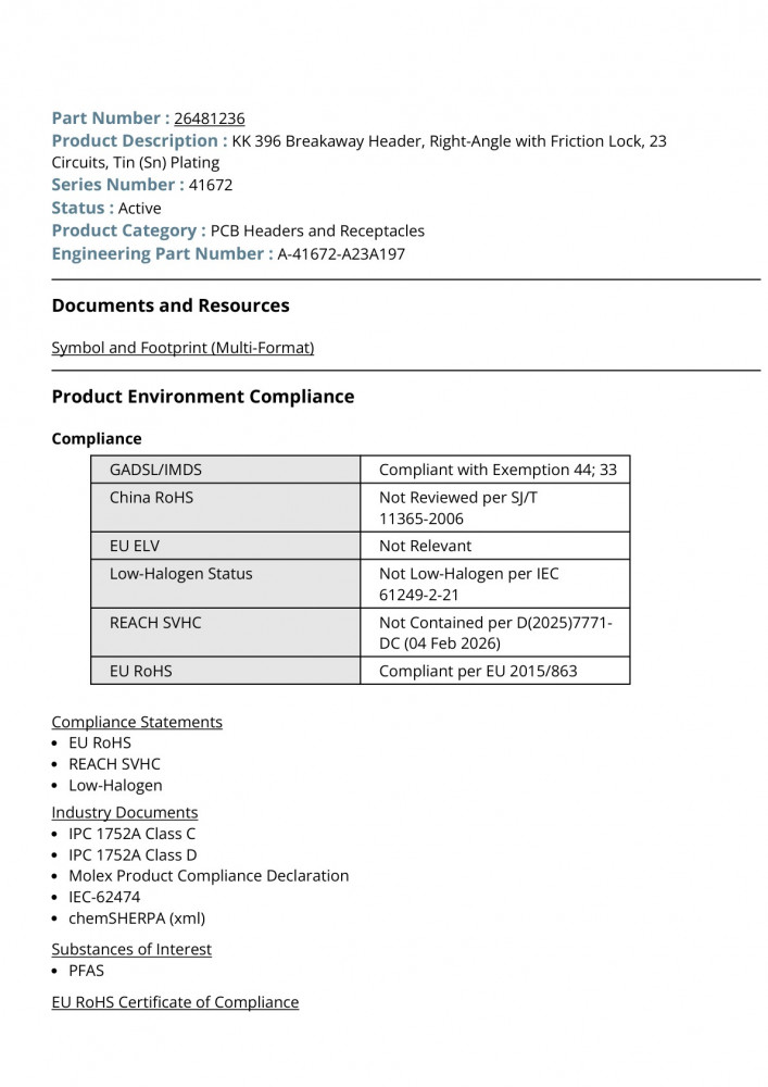MOLEX 26481236 technical document page 1