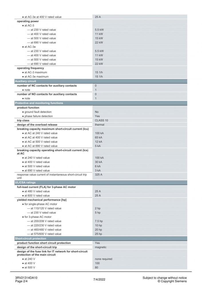 3RV21314DA10 technical document page 2