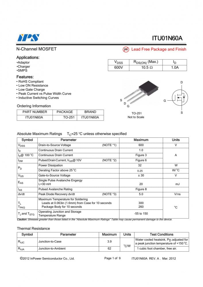 ITU01N60A datasheet page 1