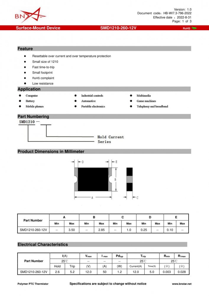 BNstar SMD1210-260-12V datasheet page 1
