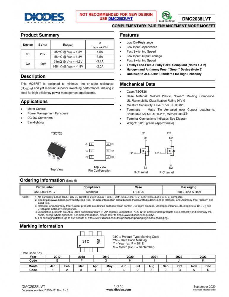 DMC2038LVT-7 datasheet page 1