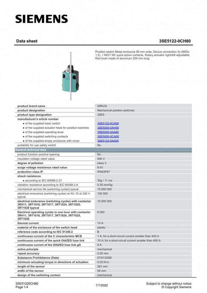SIEMENS 3SE51220CH80 technical document page 1
