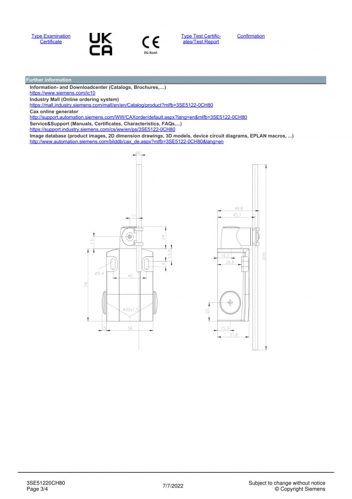 SIEMENS 3SE51220CH80 technical document page 3