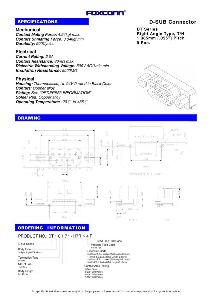 FOXCONN DT Series D-Sub connector technical document preview
