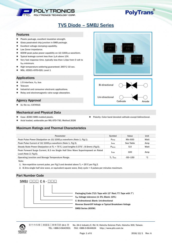 PTTC SMBJ Series datasheet page 1