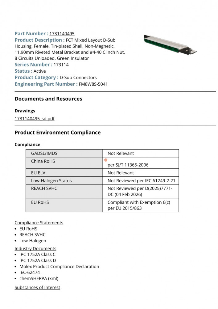 MOLEX 1731140495 product drawing, page 1