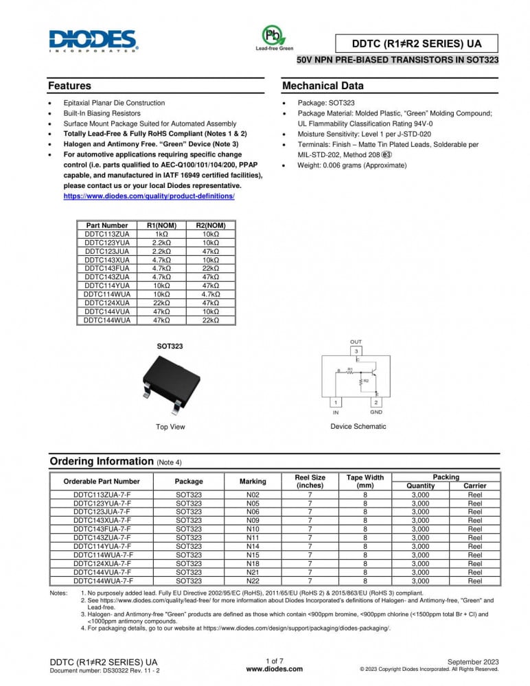 DDTC144WUA-7-F datasheet page 1