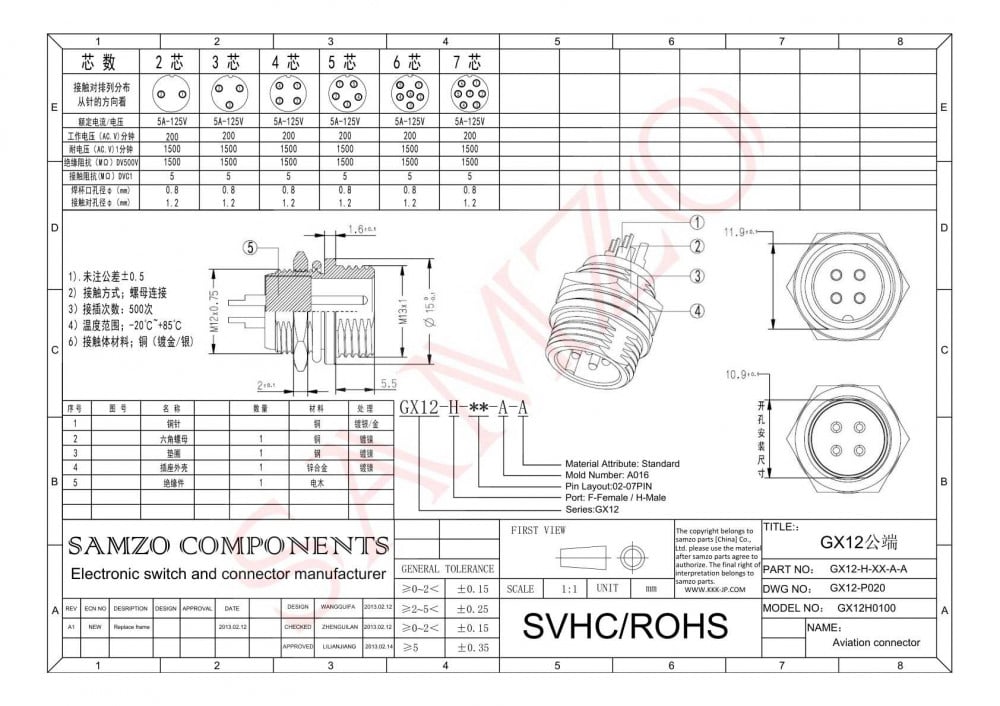 SAMZO GX12 connector technical drawing page 2