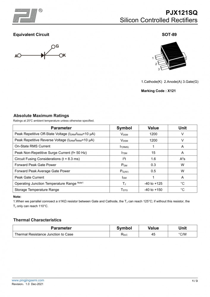 PJX121SQ equivalent circuit and pin definition