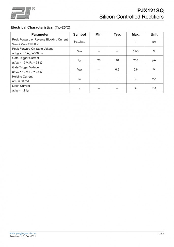 PJX121SQ electrical specifications