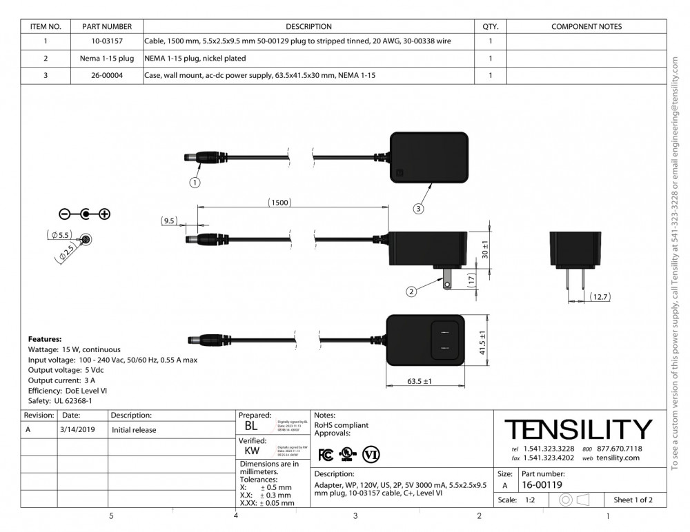 Tensility 16-00119 adapter technical drawing, page 1