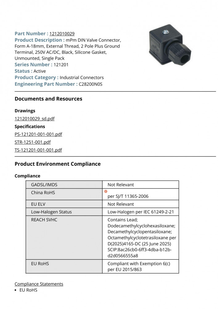 DIN valve connector product specification preview, page 1