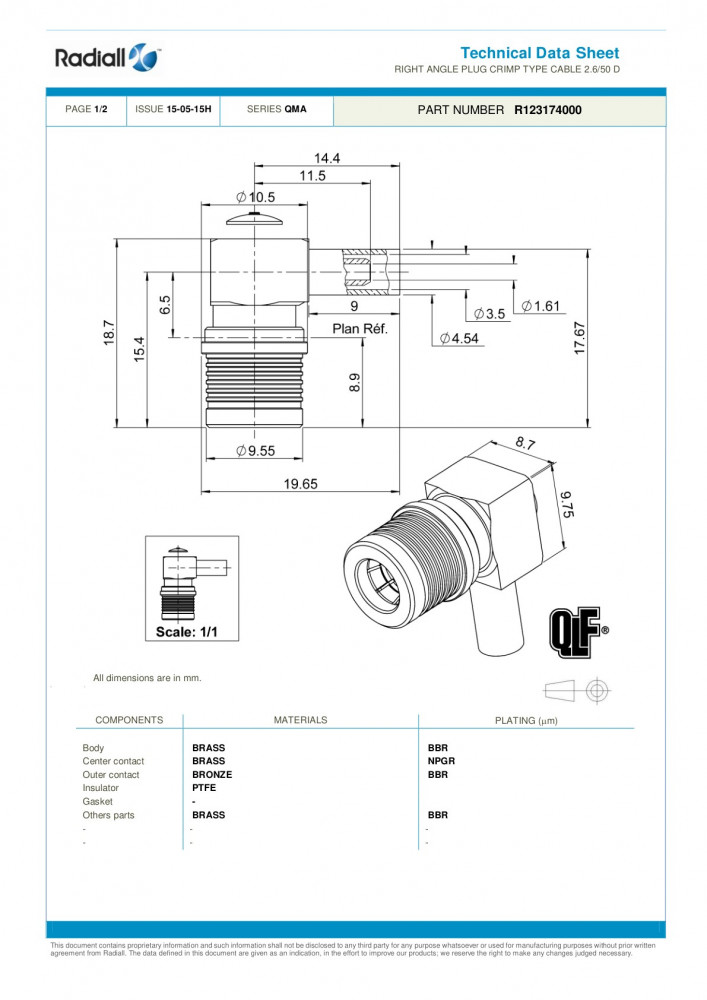 Radiall R123174000 QMA product specification, page 1