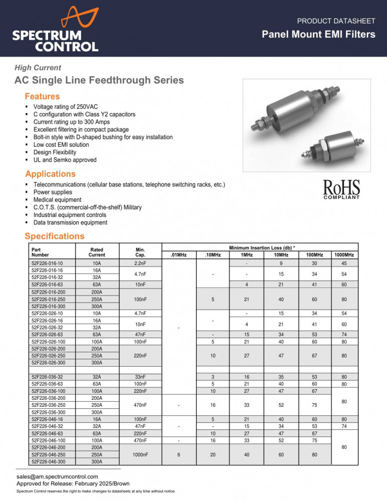 Spectrum Control AC Single Line Feedthrough Series document page 1
