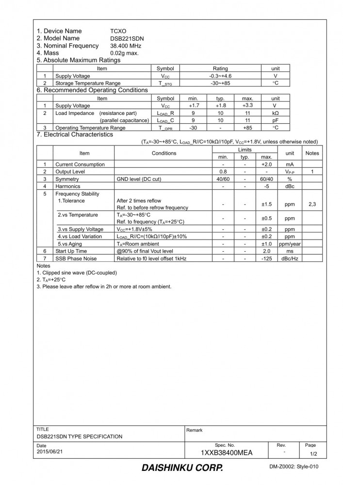 1XXB38400MEA specification page 1