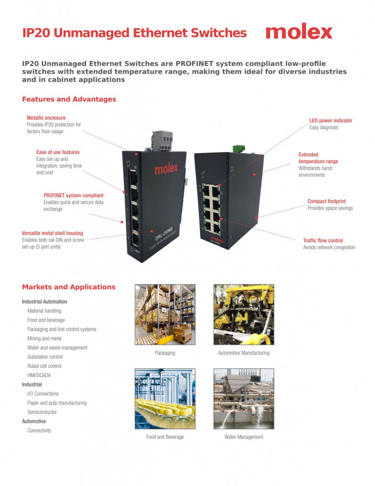 Technical document page 1 for the industrial unmanaged Ethernet switches
