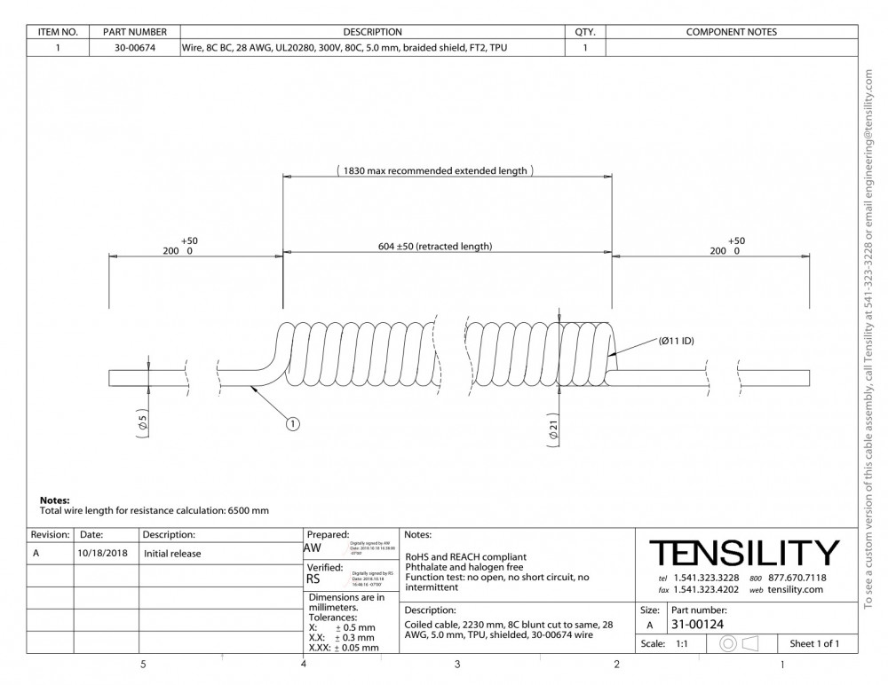 Tensility International cable assembly drawing image for model 31-00124