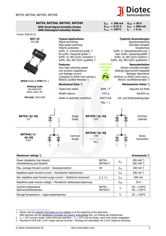 BAT54A-AQ technical document page 1