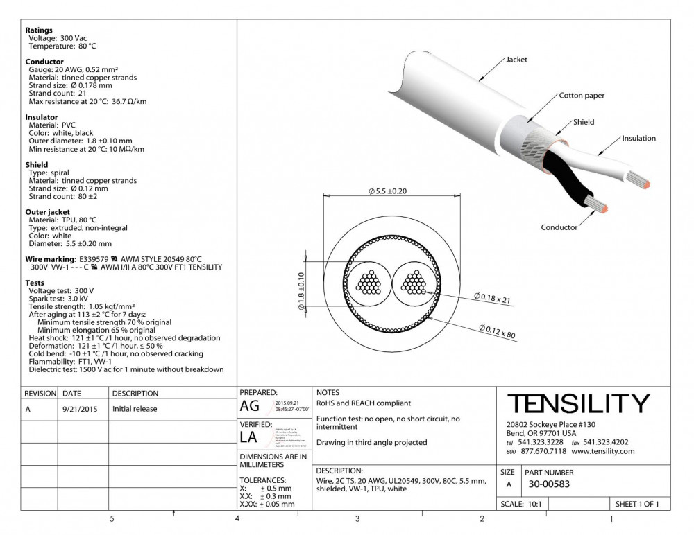 Tensility 30-00583 product drawing showing cable specifications and construction