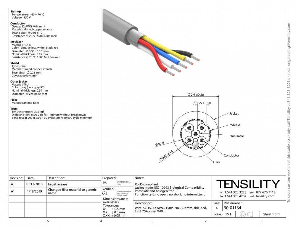 Technical drawing and specification sheet for Tensility International cable model 30-01134