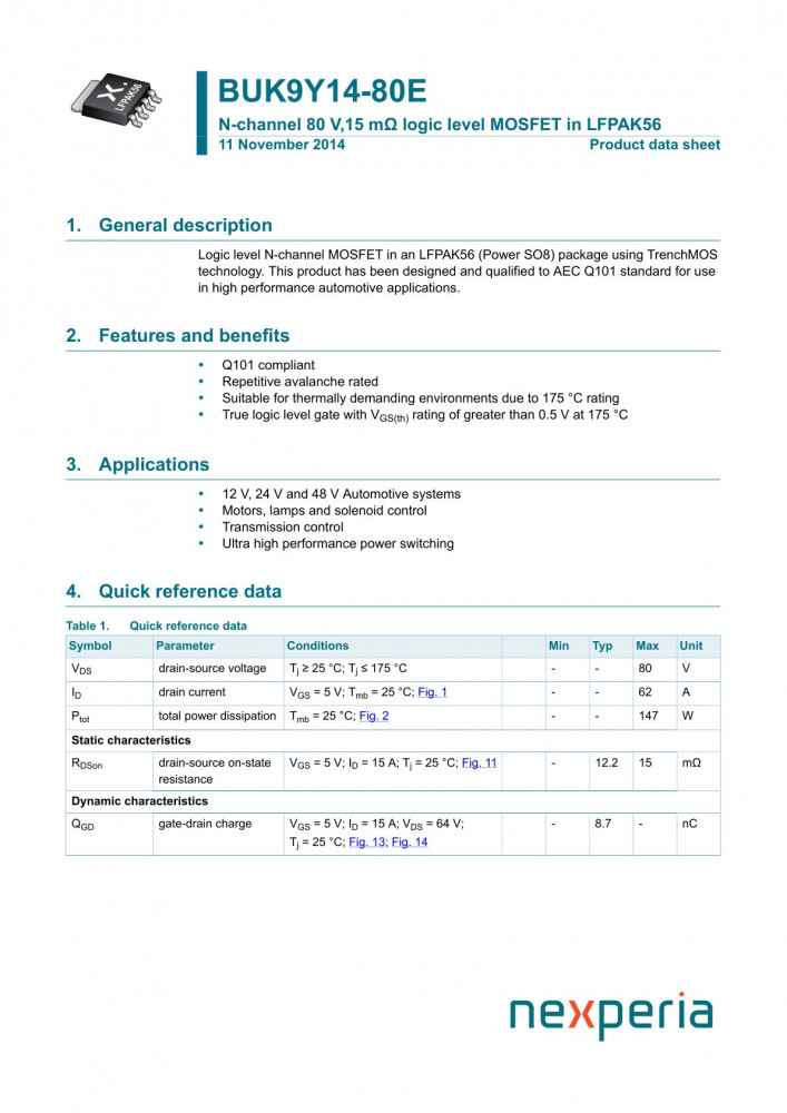 BUK9Y14-80E datasheet page 1