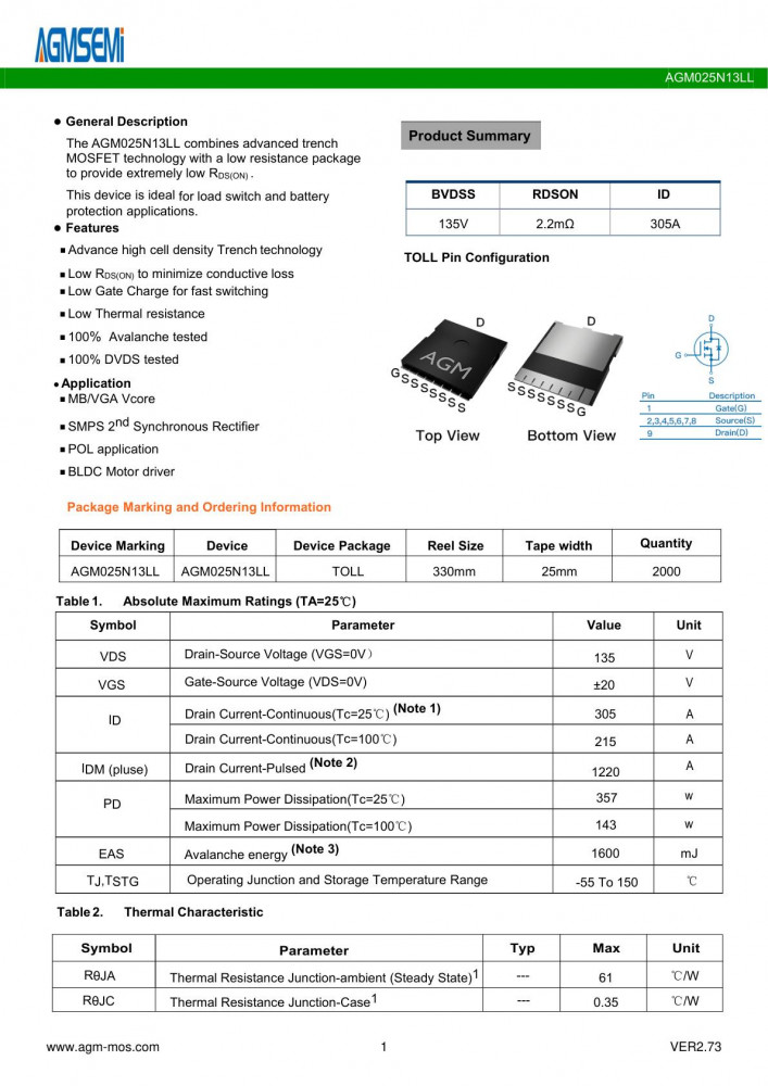 AGM025N13LL datasheet page 1