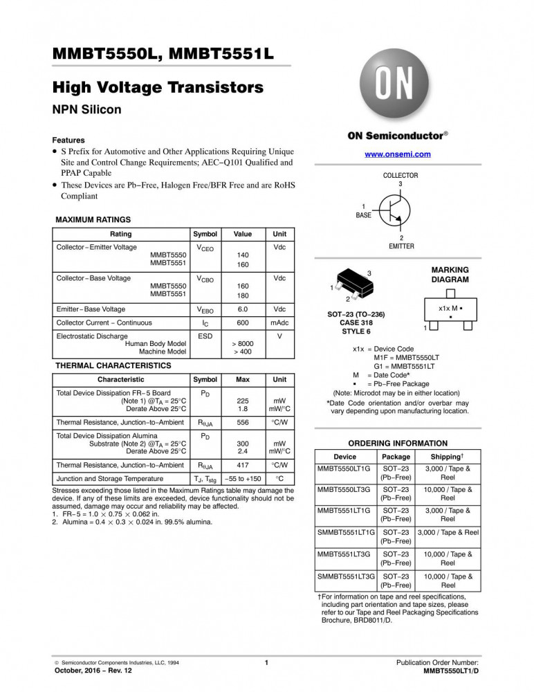 MMBT5551LT3G datasheet page 1