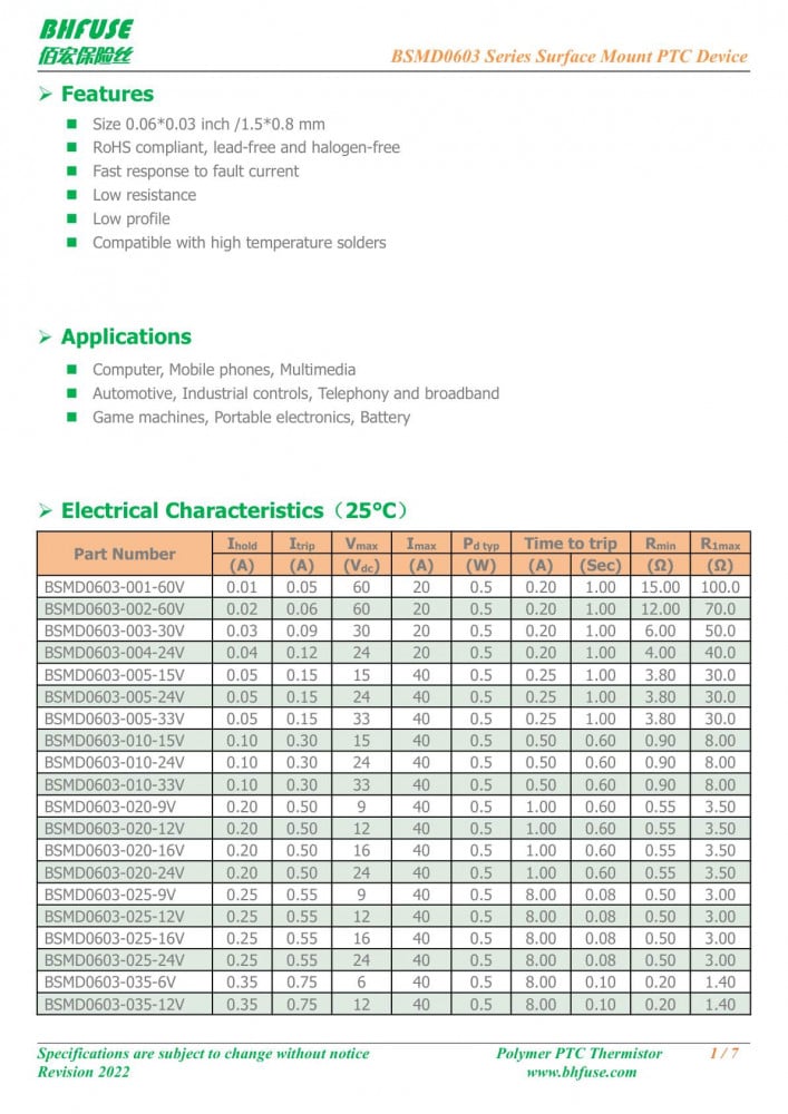 BHFUSE PPTC datasheet page 1