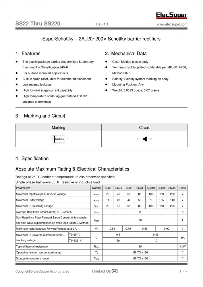 ElecSuper SS26 datasheet page 1