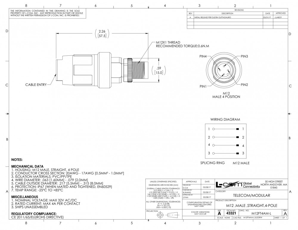L-com M12FT4AM-L technical drawing