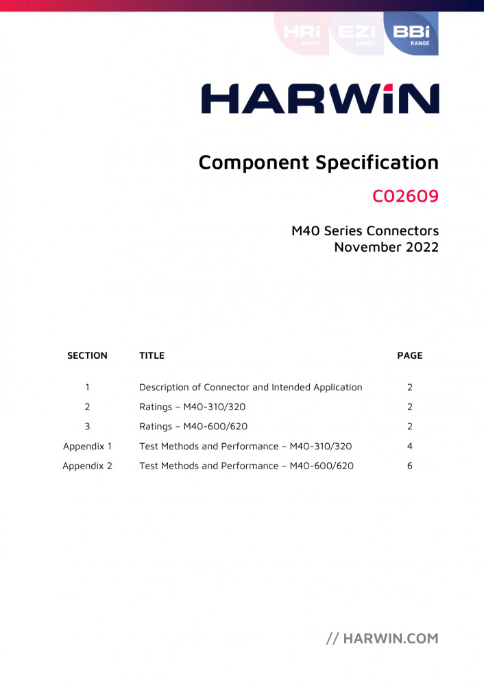 Harwin M40 Series specification page 1