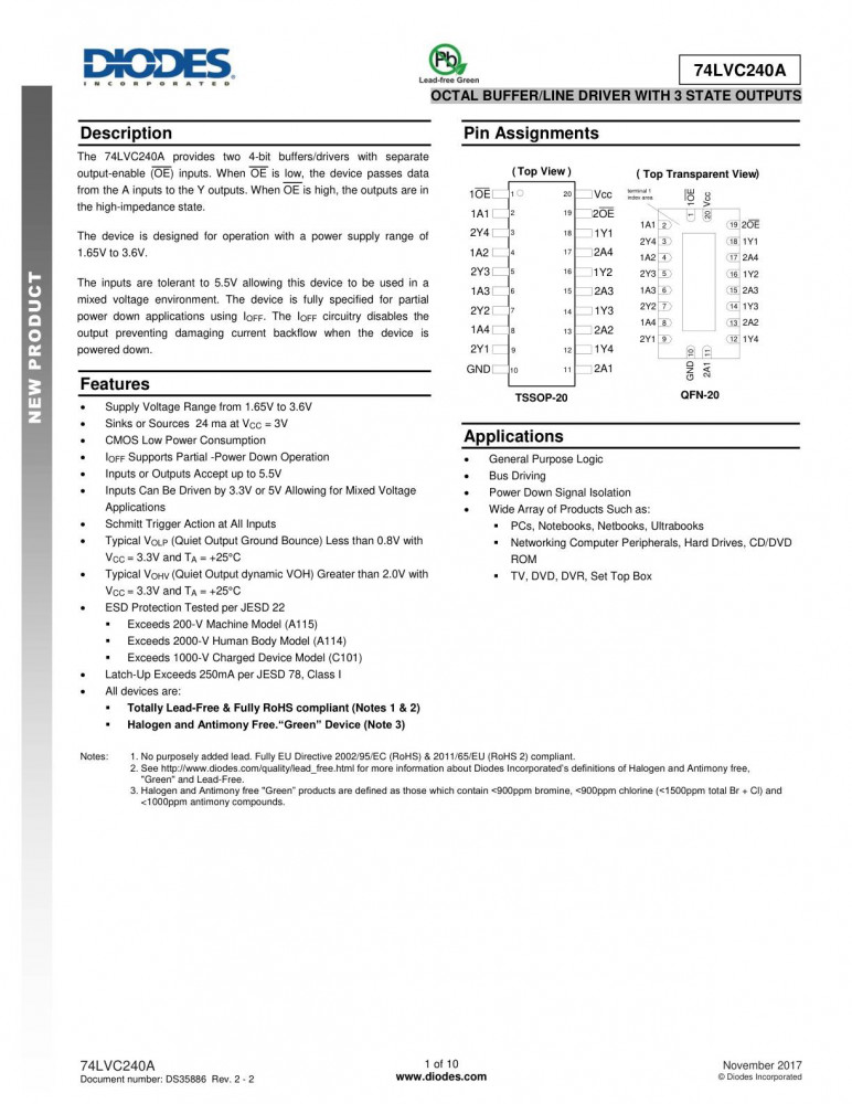 74LVC240AQ20-13 datasheet page 1