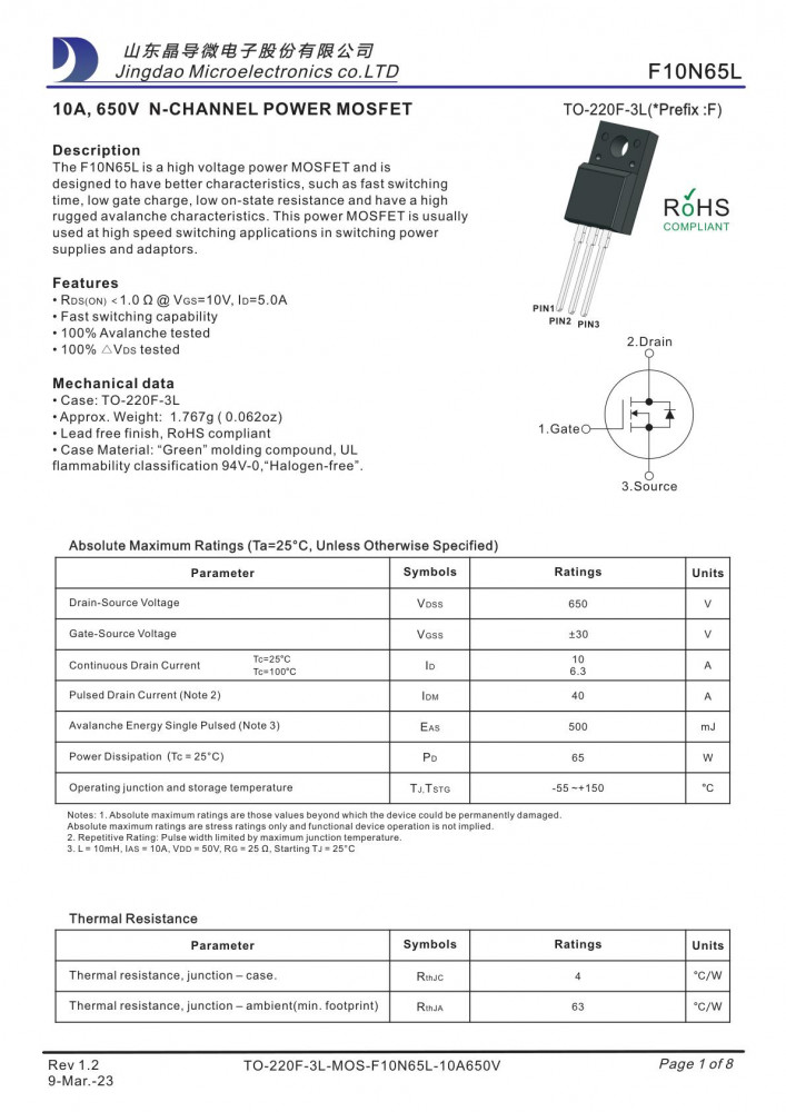 F10N65L datasheet page 1