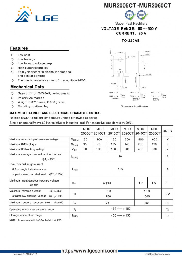 LGE MUR2040CT datasheet page 1