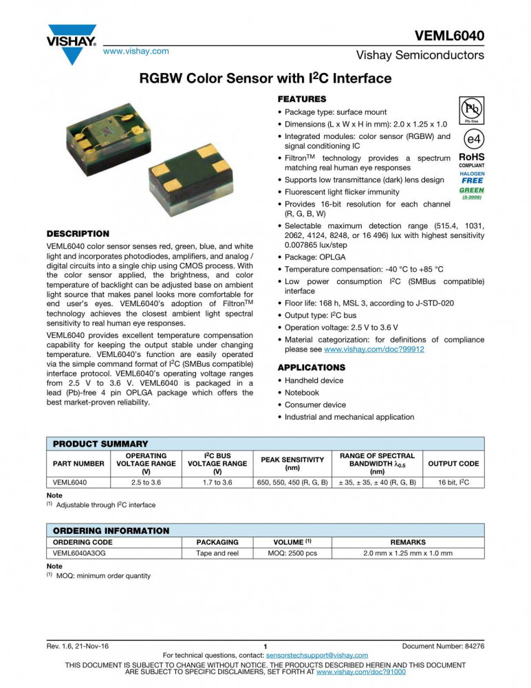 VEML6040A3OG datasheet page 1