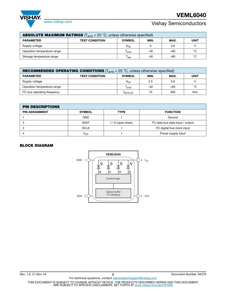 VEML6040A3OG datasheet page 2