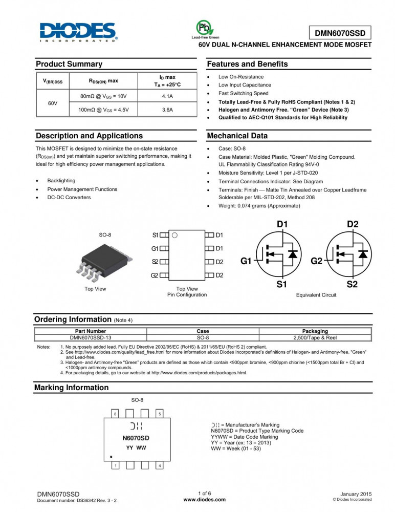 DMN6070SSD-13 datasheet page 1