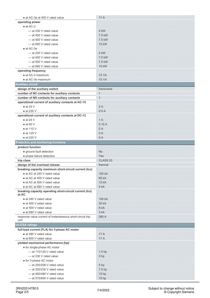 3RV20314TB15 technical document page 2