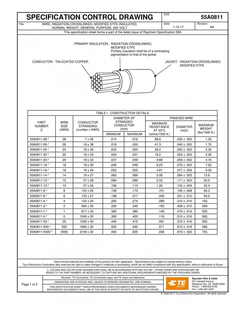 55A0811 specification control drawing page 1