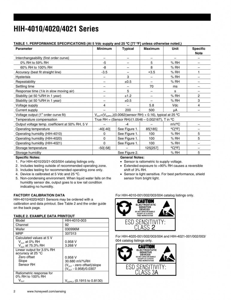 Honeywell HIH-4010 series datasheet page 2