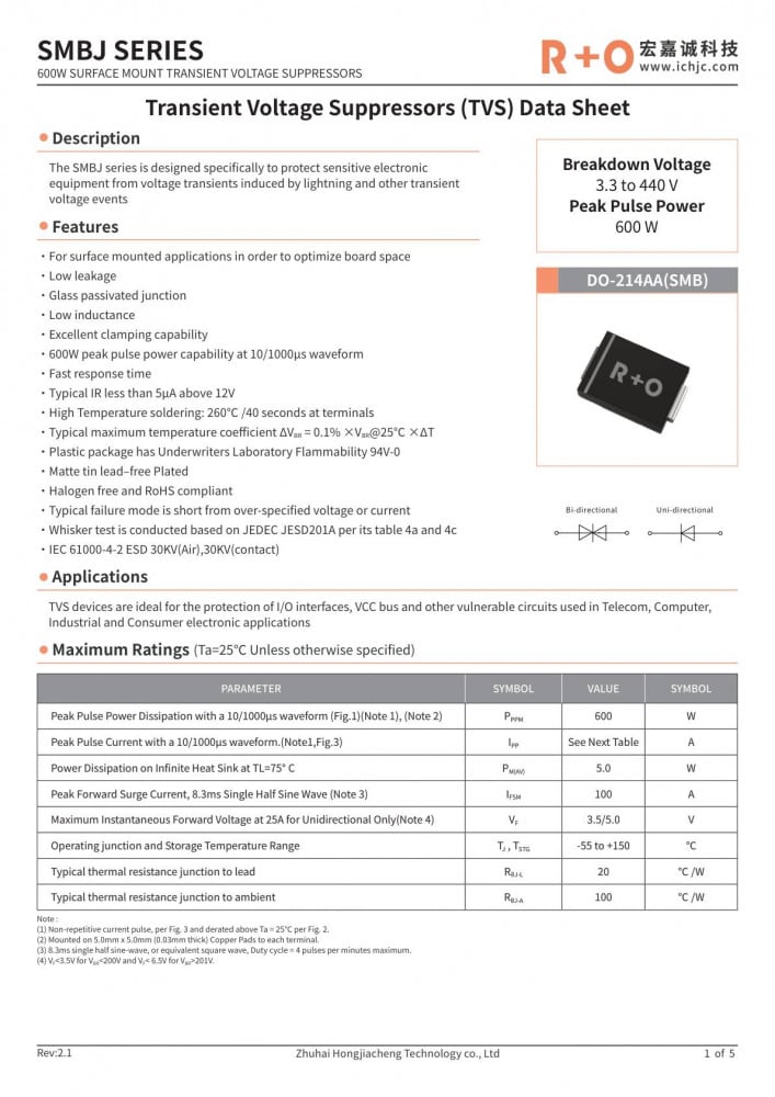 R+O SMBJ series datasheet page 1