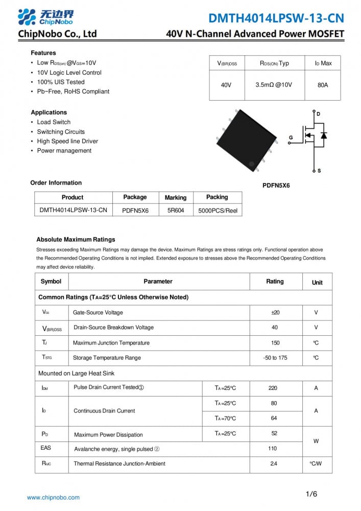 DMTH4014LPSW-13-CN datasheet page 1