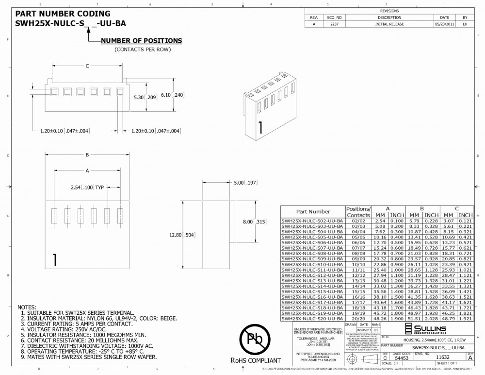 Sullins SWH25X series technical drawing