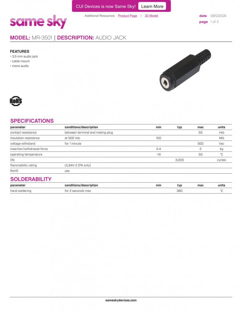 MR-3501 technical document page 1