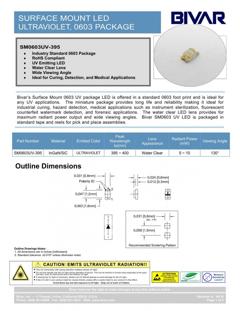 SM0603UV-395 technical document page 1