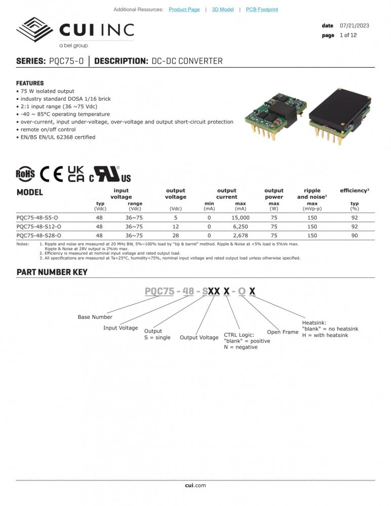 PQC75-48-S12-O datasheet page 1