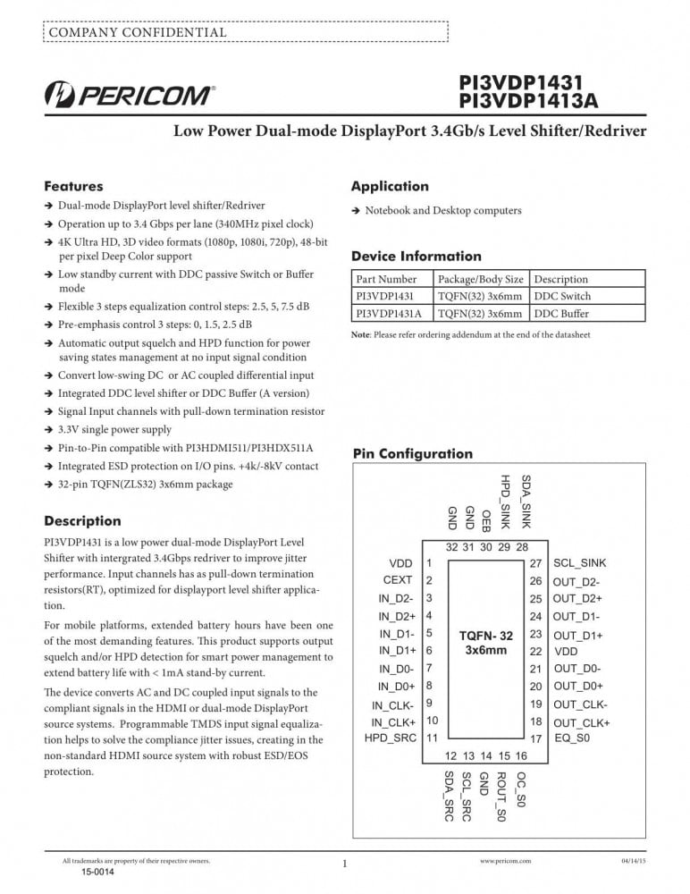 PI3VDP1431AZLSEX datasheet page 1