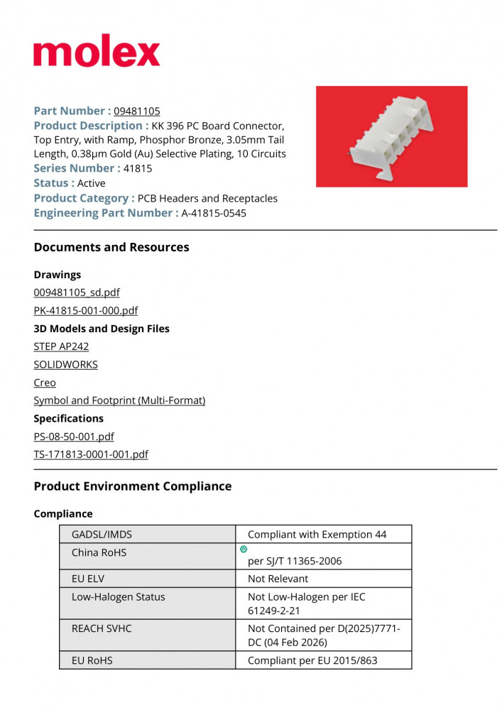 Molex KK 396 product specification page 1