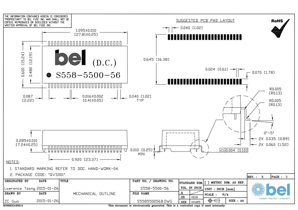 Bel Fuse S558-5500-56 mechanical outline drawing