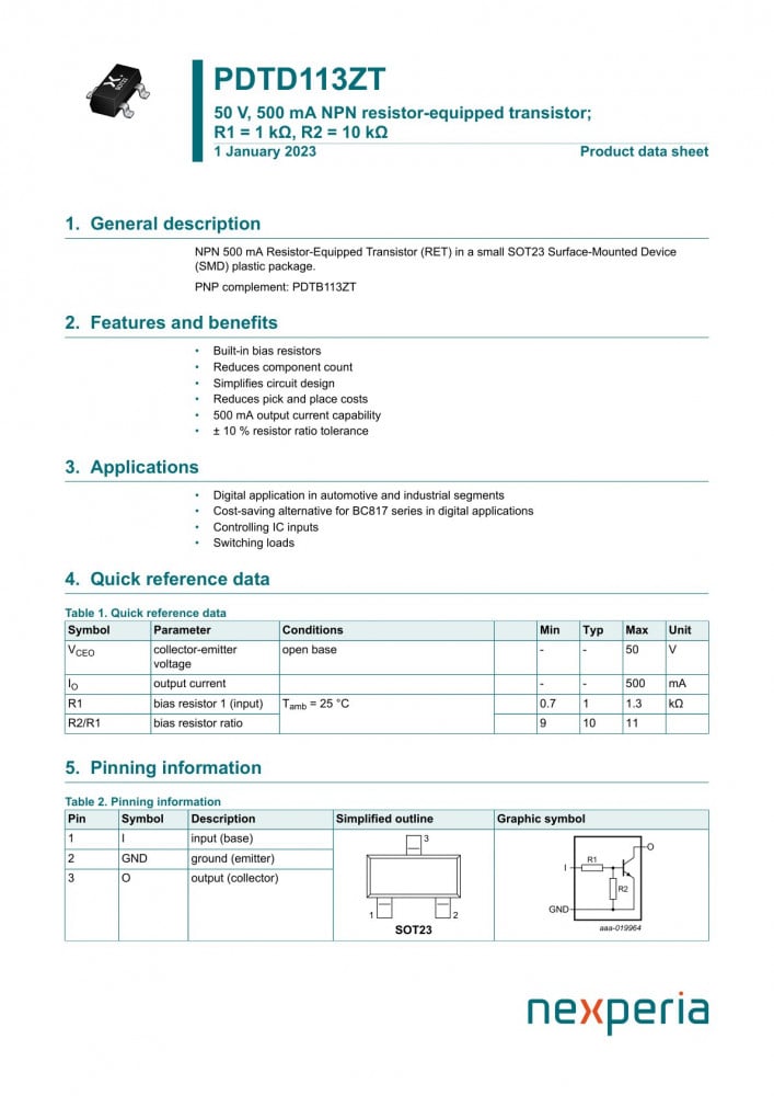 PDTD113ZT datasheet page 1